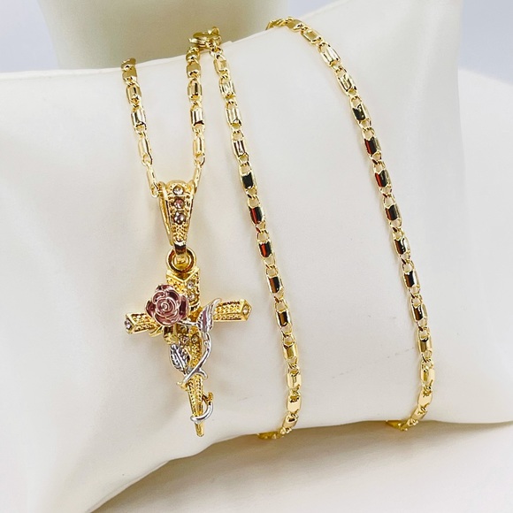 Jewelry | Rose On The Cross Pendant And Chain 14k Gold Plated | Poshmark